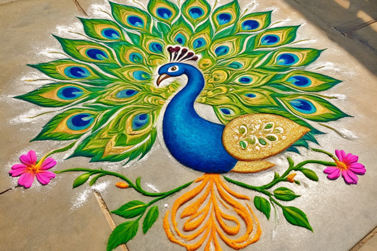 Peacock Rangoli Designs: जन्माष्टमी पर बनाएं खूबसूरत मोर वाली रंगोली ...